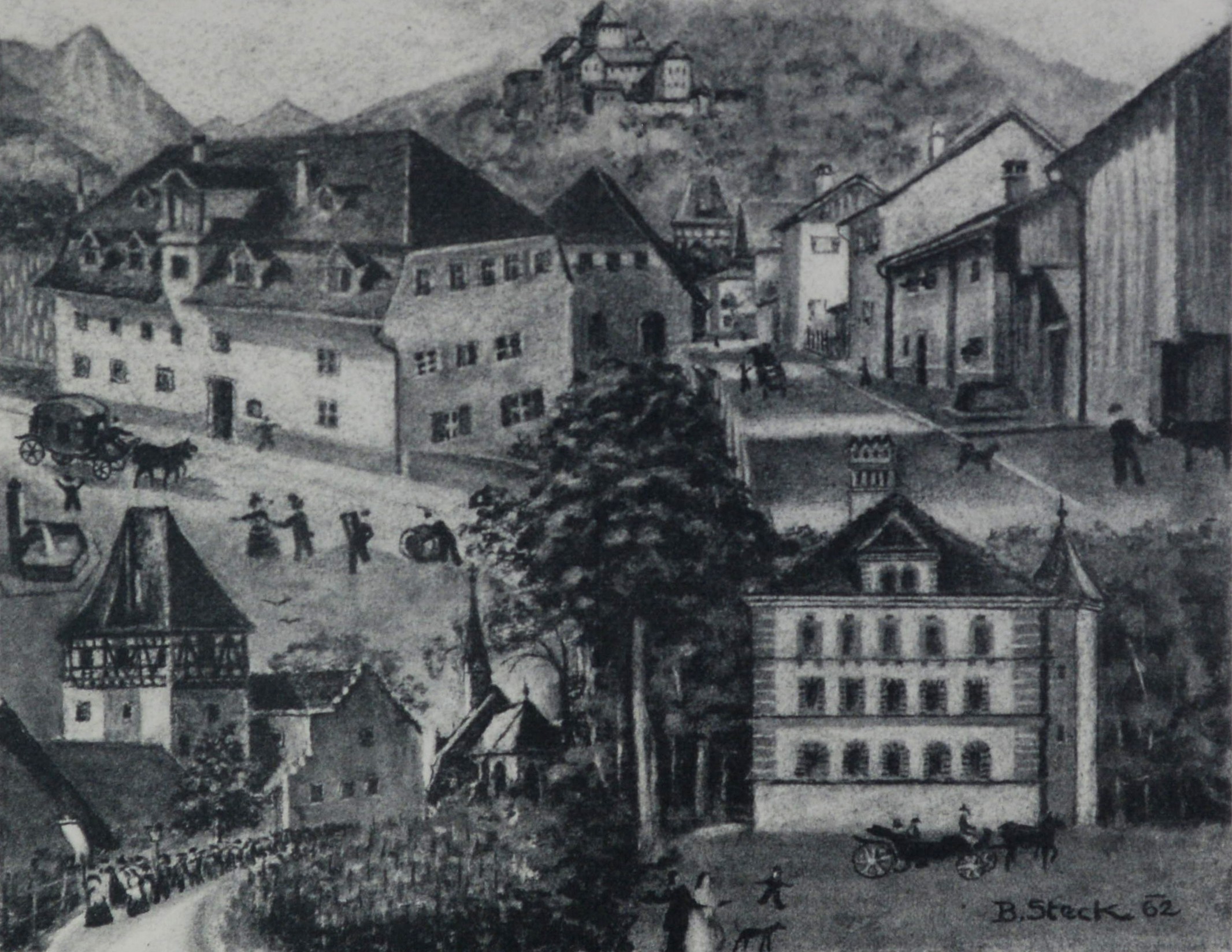 BENJAMIN STECK ARTIST SIGNED BLACK AND WHITE COLOUR PRINT‘Vaduzer ...