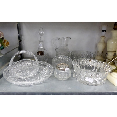 CUT GLASS BASKET SHAPED FRUIT BOWL, WITH LOOP HANDLE; A CUT GLASS TEAR ...