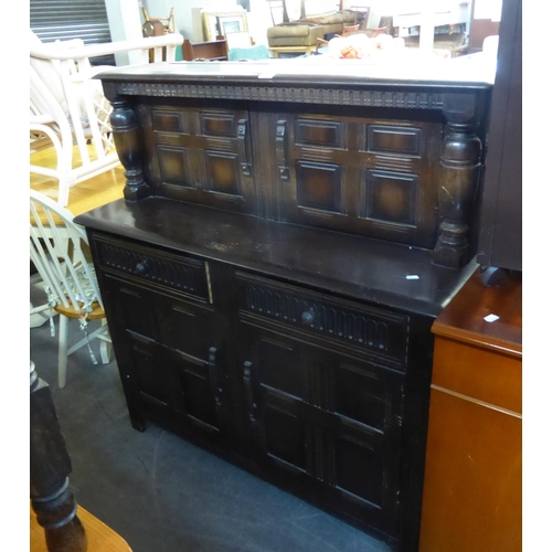 AN OAK REPRODUCTION PRIORY COURT CUPBOARD, A DROP-LEAF DINING TABLE ...
