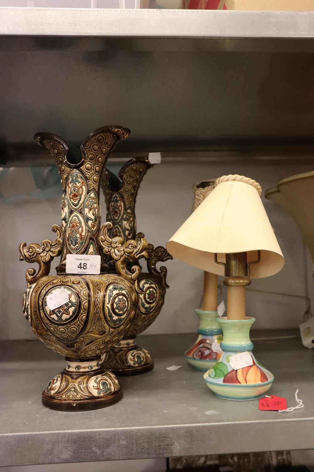 A PAIR OF GERBLING AND STEPHAN TWO HANDLED POTTERY VASES (ONE A.F.) AND ...