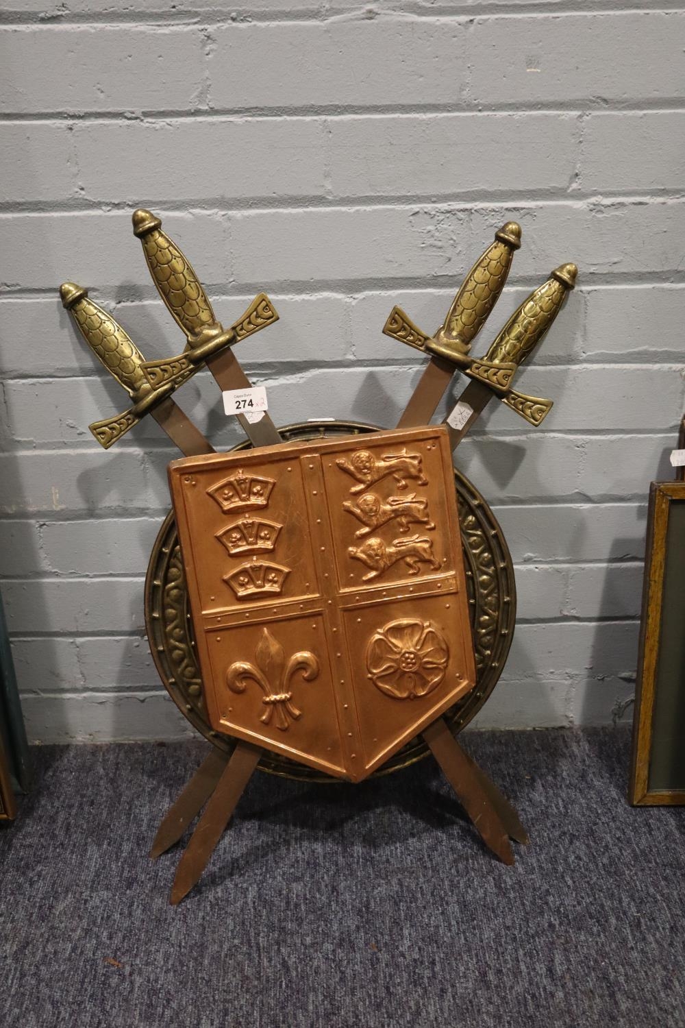 TWO MODERN REPRODUCTION CROSSED SWORDS AND SHIELD WALL PLAQUES, (2)