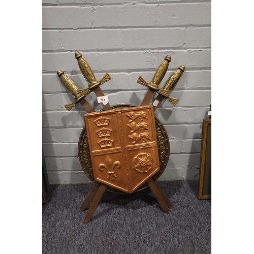 TWO MODERN REPRODUCTION CROSSED SWORDS AND SHIELD WALL PLAQUES, (2)