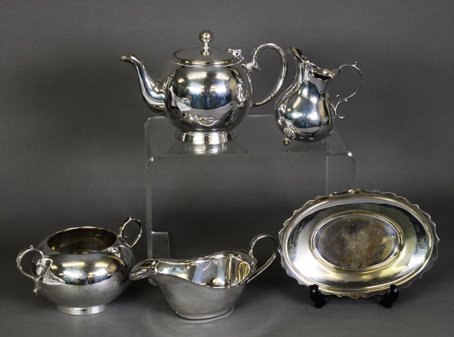 FIVE PIECES OF ELECTROPLATE, comprising: SPHERICAL SMALL TEAPOT, with ...