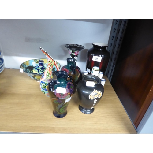 TWO SHELLEY BLACK GLAZED CHINA VASES, POOLE POTTERY VASE, PAIR OF GOUDA ...