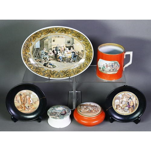 FOUR VICTORIAN PRATT WARE POTTERY POT LIDS, comprising: TWO WITH BASES ...