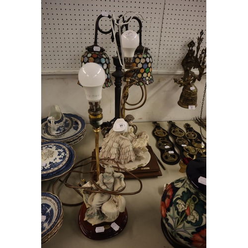 A REPRODUCTION TWIN BRANCH TABLE LAMP WITH MULTI-COLOURED GLASS SHADES ...