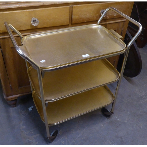 GILT TUBULAR METAL TALL TIER TEA TROLLEY WITH REMOVABLE TRAY TOP