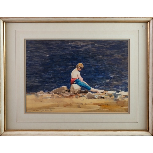 ROBERT (BOB) LITTLEFORD (1945-2023)WATERCOLOUR A boy sat on rocky ...