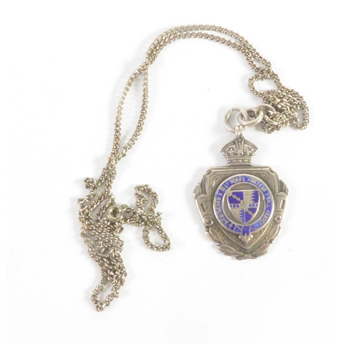 SILVER AND BLUE ENAMEL SHIELD-SHAPED FOB MEDALLION, "Birmingham & Dist ...