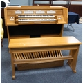 A LARGE ELECTRIC CHURCH ORGAN, IN LIGHT OAK CASE BY MAKIN ORGAN CO., OLDHAM