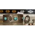SILVER COLOURED METAL BROAD TORQUE BANGLE set with three cabochon ...