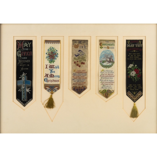 FIVE SILK BOOKMARKS MOUNTED AND FRAMED AS ONE, Christmas and birthday ...
