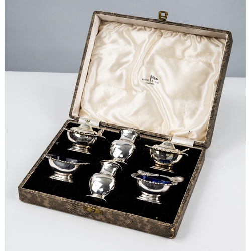 CASED SIX PIECE ELECTROPLATED CONDIMENT SET BY WALKER & HALL, BEARING ...