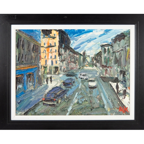 ALAN KNIGHT (1949)IMPASTO OIL ON BOARD Northern street scene with ...