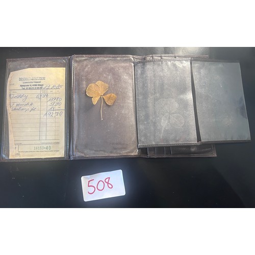 Vintage Leather Wallet with Pressed Four-Leaf Clover & Old Receipt