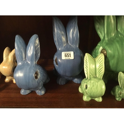 11 VARIOUS SIZED SYLVAC RABBITS IN BEIGE, BLUE & GREEN WITH SYLVAC CATALOGUES