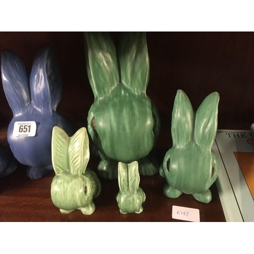 11 VARIOUS SIZED SYLVAC RABBITS IN BEIGE, BLUE & GREEN WITH SYLVAC CATALOGUES