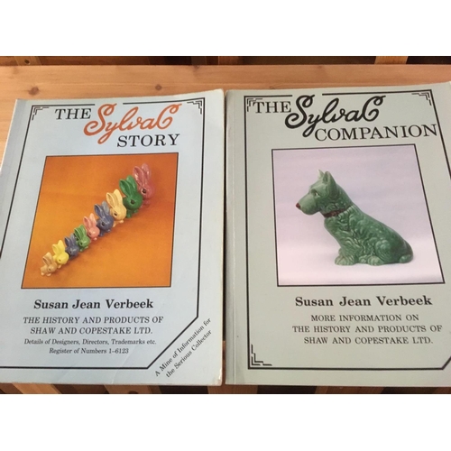 11 VARIOUS SIZED SYLVAC RABBITS IN BEIGE, BLUE & GREEN WITH SYLVAC CATALOGUES