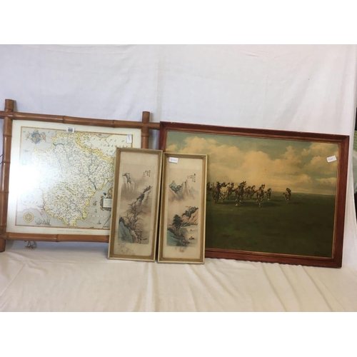 PAIR OF F/G ORIENTAL SILK PICTURES, BAMBOO FRAMES SAXON MAP OF ...
