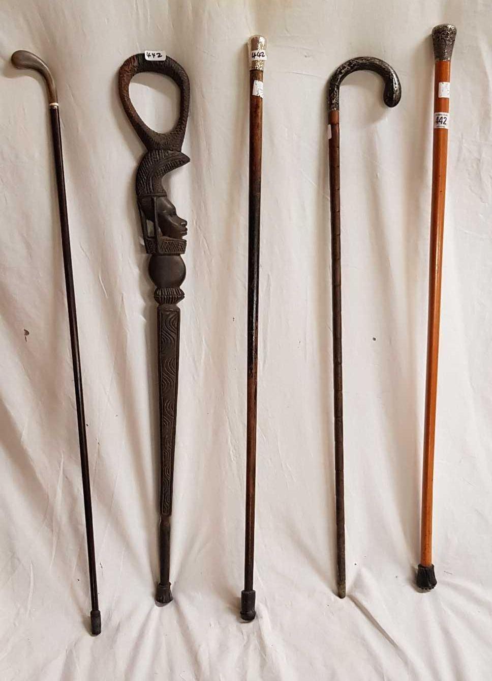 ETHNIC WALKING CANE & 4 WHITE METAL & SILVER TOP CANES
