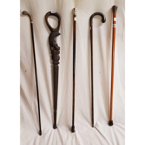 ETHNIC WALKING CANE & 4 WHITE METAL & SILVER TOP CANES