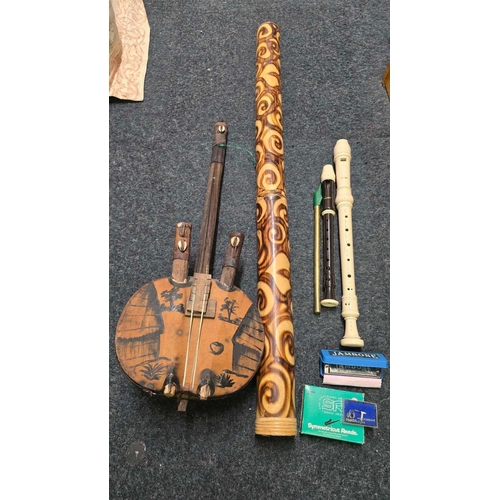 2 WOODEN INSTRUMENTS, MOUTH ORGANS, FLUTES & PENNY WHISTLE