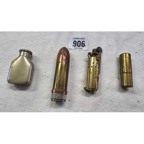 3 MISC TRENCH ART STYLE LIGHTERS & A WHITE METAL VESTA