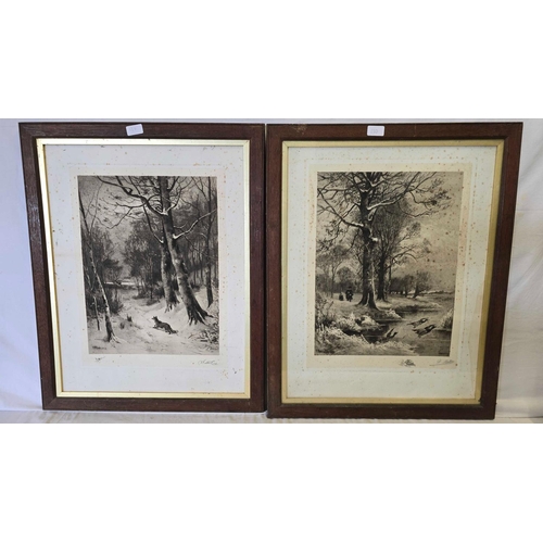 3 OAK FRAMED 19THC PENCIL SIGNED ETCHINGS TOGETHER WITH A COLOUR PRINT OF A MEDIEVAL PAINTING TOGETH