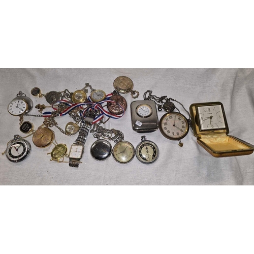 TUB OF MISC POCKET WATCHES ON CHAINS & A TRAVEL CLOCK