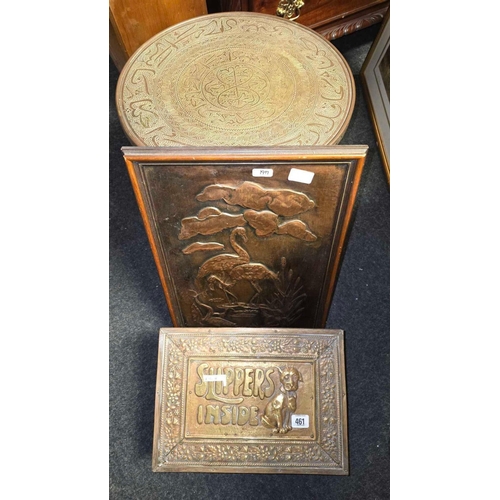 SLIPPER BOX, COPPER PICTURES & COPPER TOP SMALL TABLE