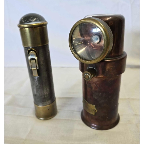 A COPPER MINERS LAMP BY C.E.A.G BARNSLEY A/F & A BULLSEYE FLASHLIGHT ...