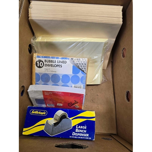 CARTON WITH A LARGE BENCH SELLOTAPE DISPENSER & MISC PAPER & ENVELOPES