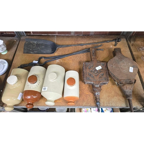 FOUR VINTAGE STONEWARE HOT WATER BOTTLES & TWO VINTAGE FIRESIDE BELLOWS ...