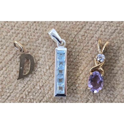 A 9CT 'D' PENDANT CHARM & PRETTY STONE SET PENDANTS
