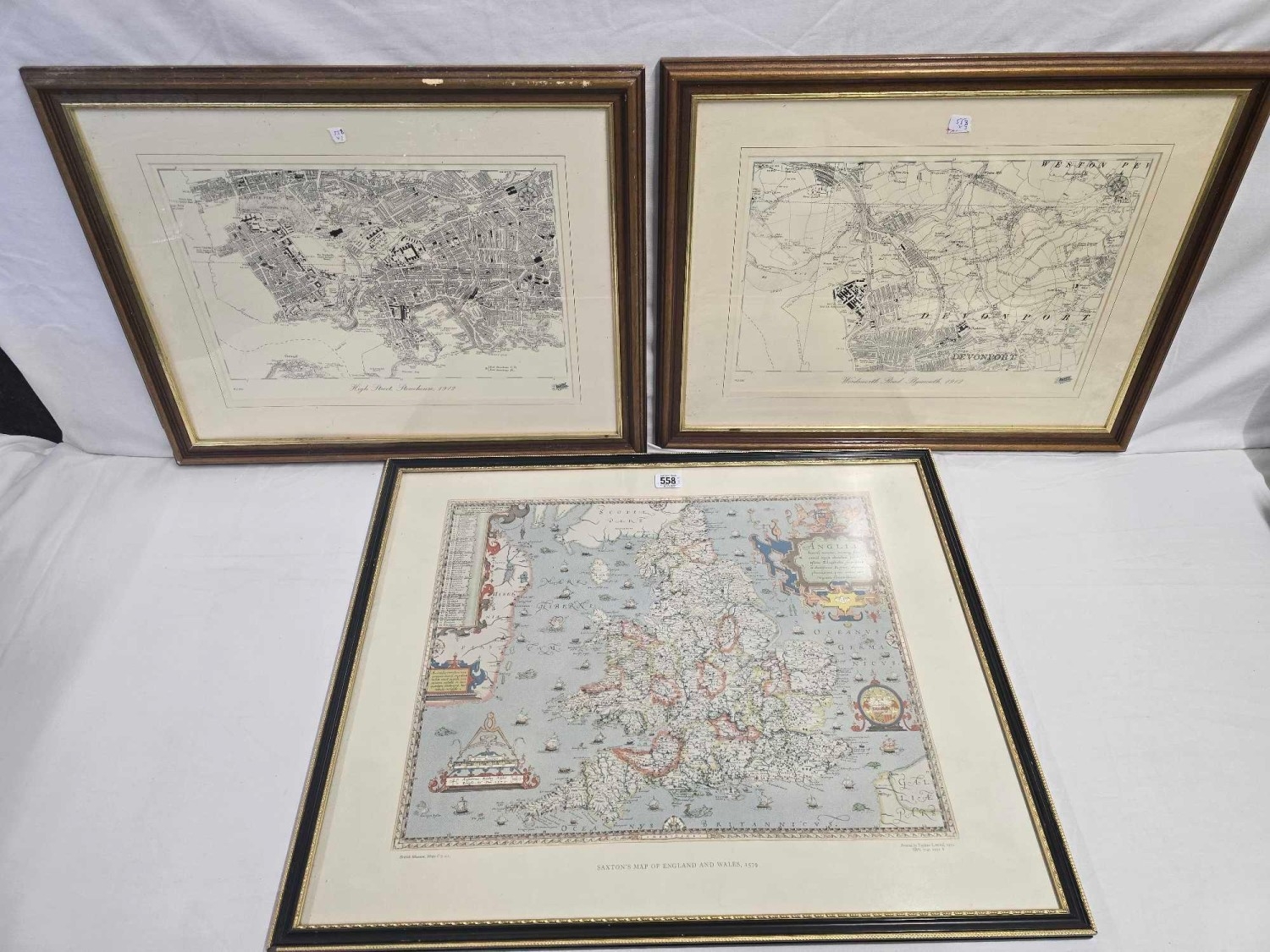 COLOUR PRINT OF SAXTON'S MAP OF ENGLAND & WALES 1579 TOGETHER WITH A ...