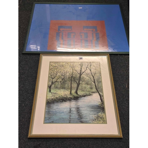 A PRINT BY ROBIN DENNY 65/79 IN FRAME 35.5'' X 29'' & A WATERCOLOUR BY ...