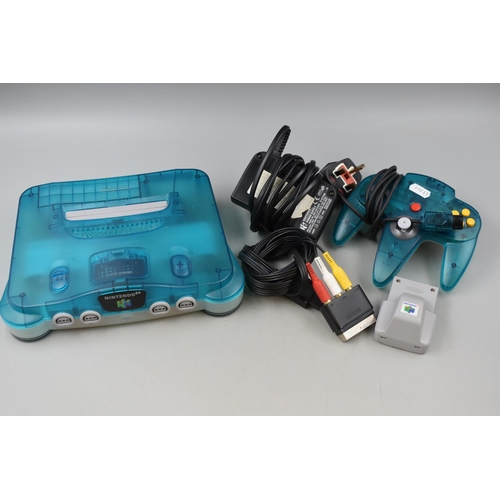 A Nintendo 64 Special Edition Ice Blue. With Controller, Rumble Pack ...