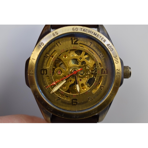 A Gold Face Shenhua Automatic Skeleton Watch, In Presentation Box
