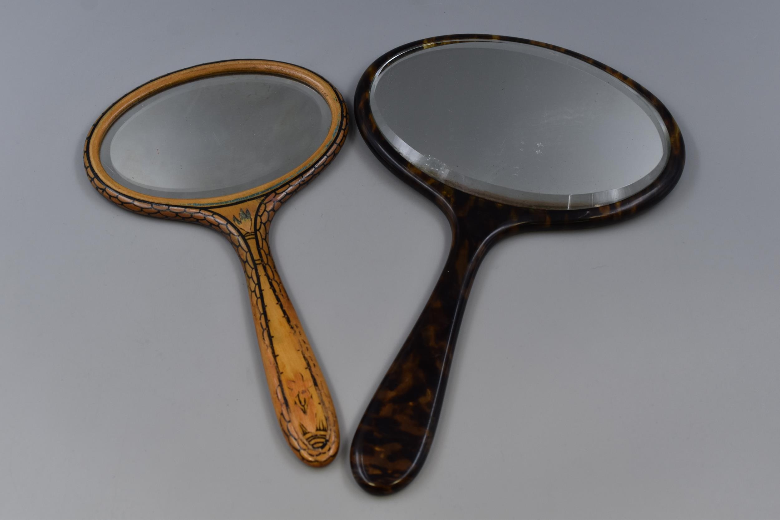 Vintage Tortoise Shell Hand Mirror, and a Hand Painted Wooden Mirror
