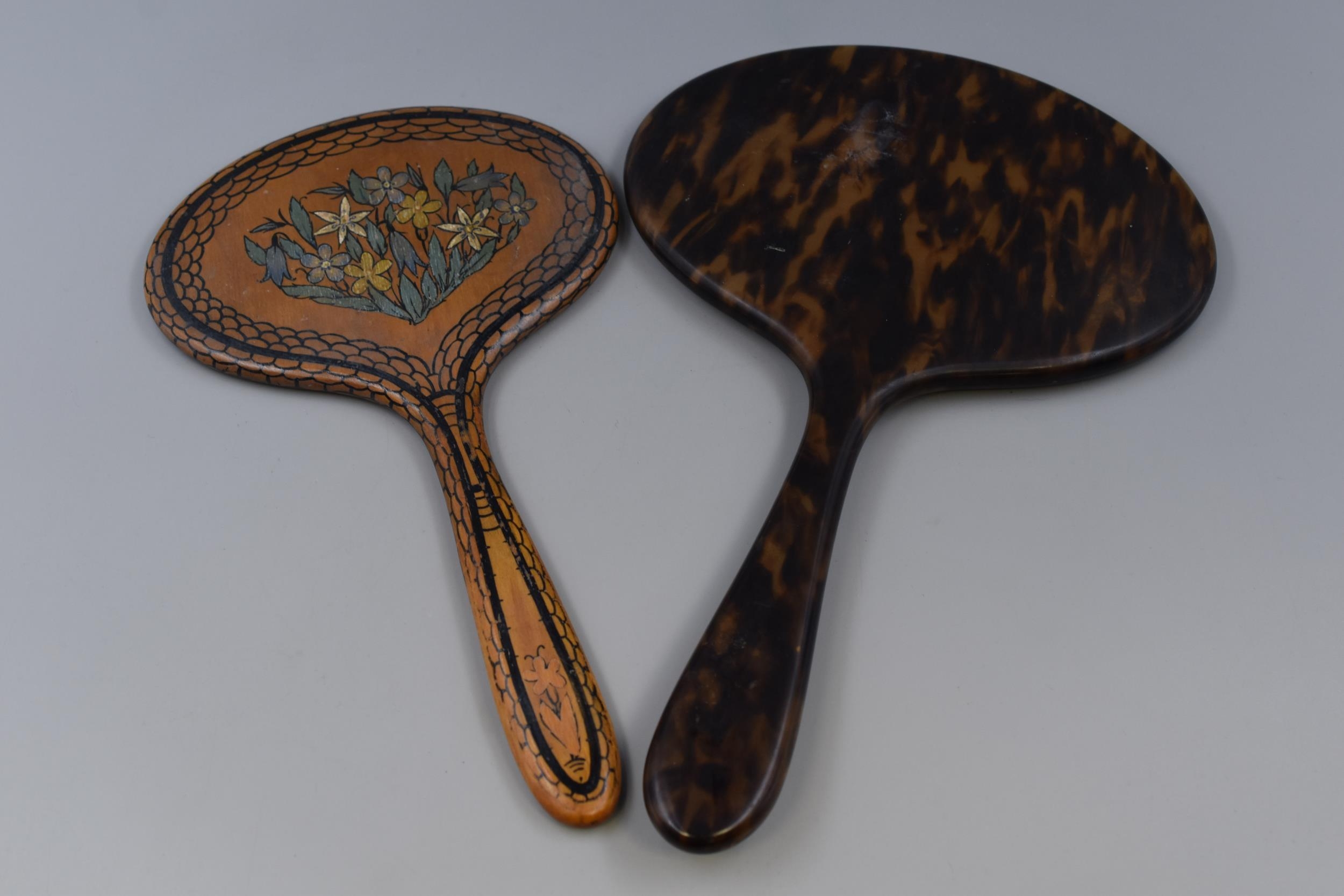 Vintage Tortoise Shell Hand Mirror, and a Hand Painted Wooden Mirror
