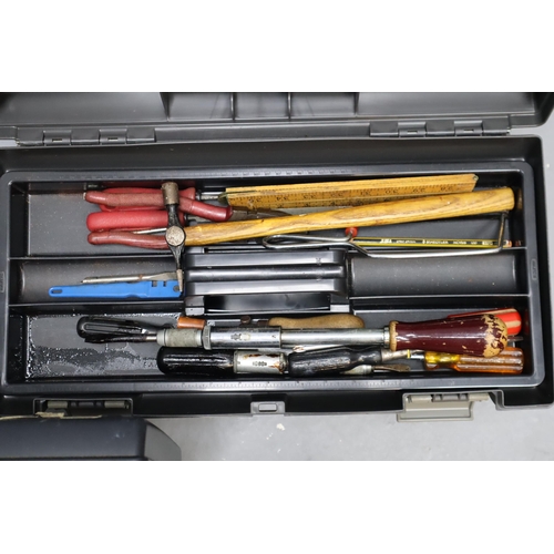 Two plastic Curver toolboxes with a selection of tools large 20" wide x ...