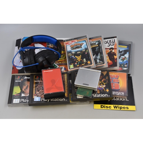Selection of gaming items to include 4 x PS1 games in boxes, 4 x PSP ...