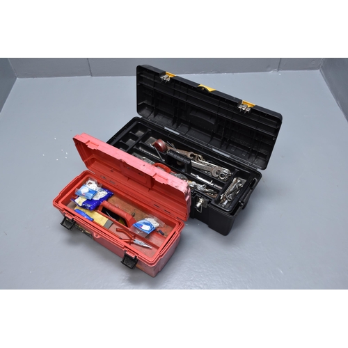 Two Tool Boxes Containing Various Tools Such As Hammers, Spanners and More