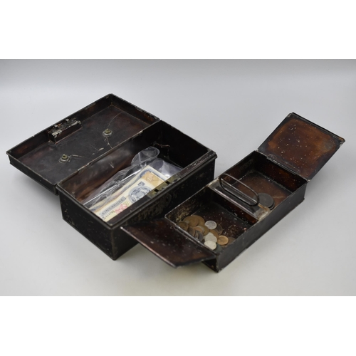 Vintage Metal Cash Box with Contents including Old Coinage and Banknotes