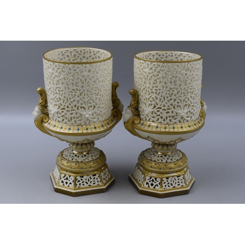 A Pair of Antique Grainger & Co Worcester Reticulated Vases, With ...