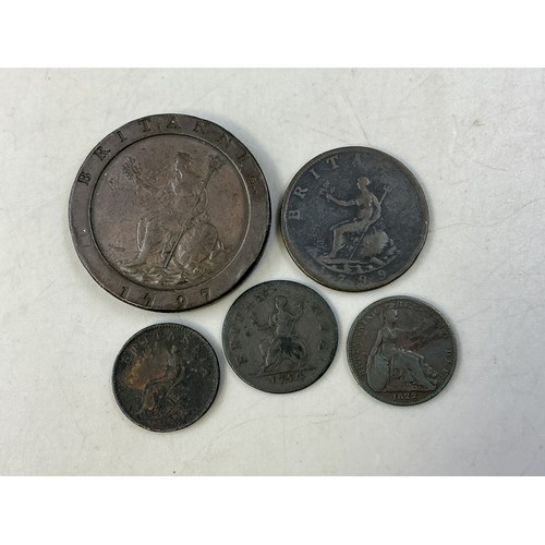 Five Georgian Copper Coins - Includes 1797 George III Cartwheel Penny ...