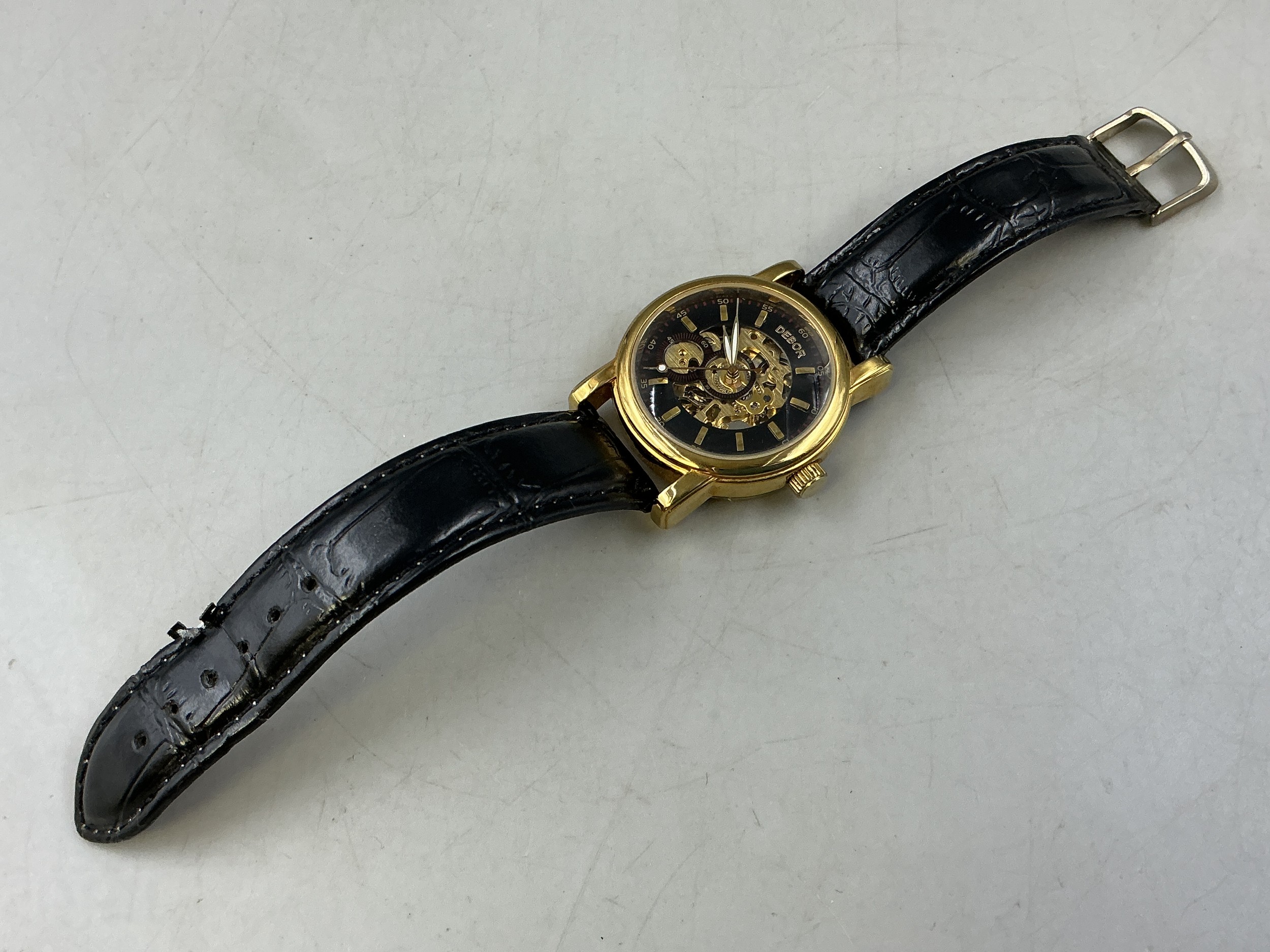 DEBOR Automatic Gents Watch with Skeleton Movement and Leather Strap ...