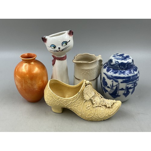 Royal Doulton Iridescent Vase, Deft Ware Ginger Jar, Victorian Shoe (a ...