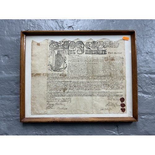 Framed and Glazed Antique Indenture complete with Wax Stamps approx 47x36cm