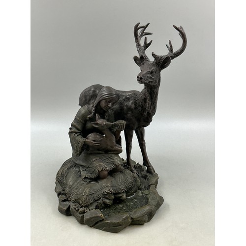 A Crosa Bronzed Native American Girl With Stag and Fawn, Approx 29cm Tall
